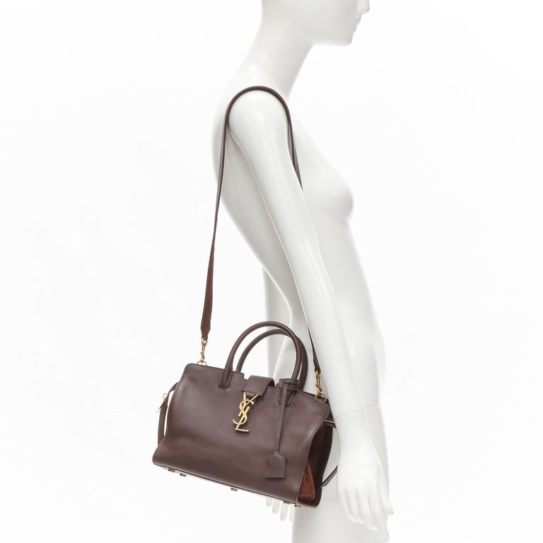 SAINT LAURENT Baby YSL Monogram Downtown Cabas brown leather satchel ...