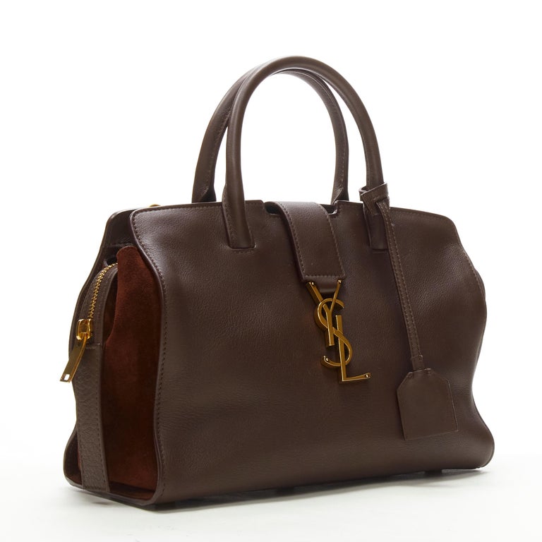 SAINT LAURENT Baby YSL Monogram Downtown Cabas brown leather satchel ...