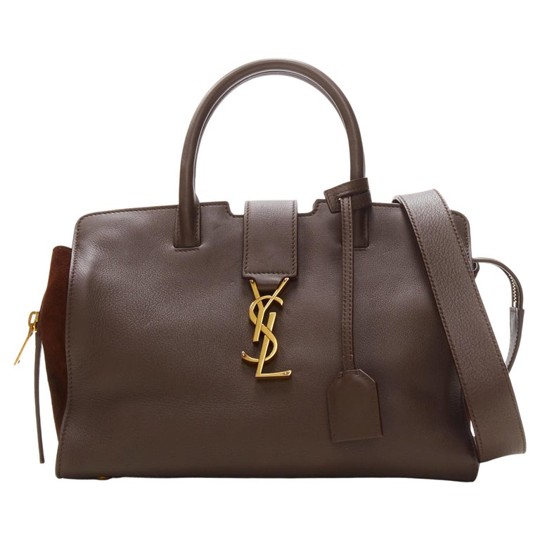 SAINT LAURENT Baby YSL Monogram Downtown Cabas brown leather satchel ...