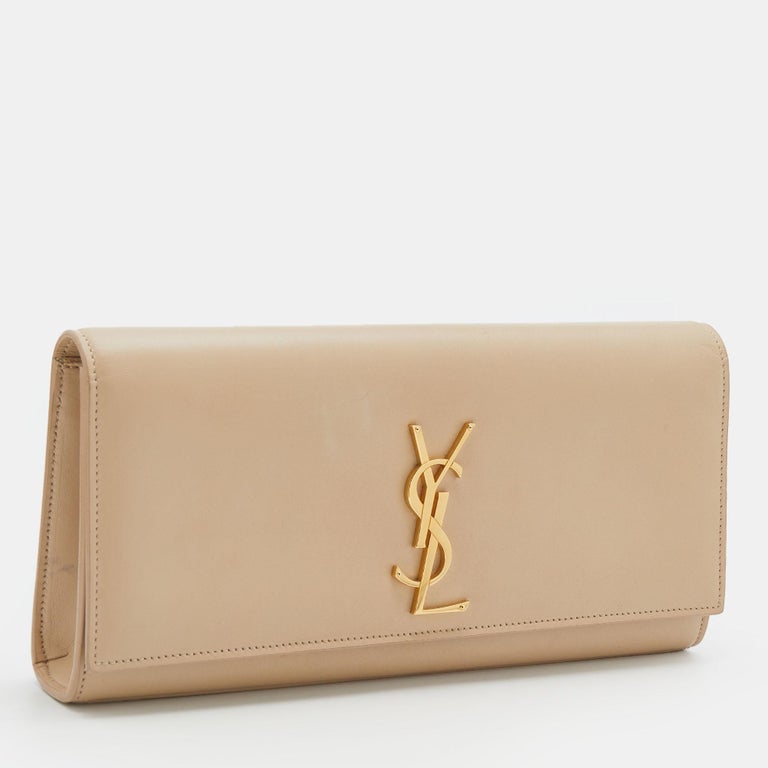 Saint Laurent Beige Leather Monogram Cassandre Clutch For Sale at 1stDibs