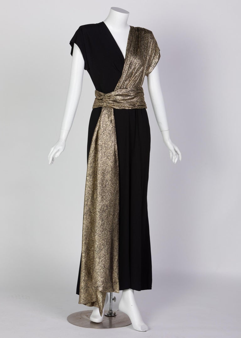 Saint Laurent Black and Gold Crepe Sash Dress Runway YSL , 1986 at 1stDibs