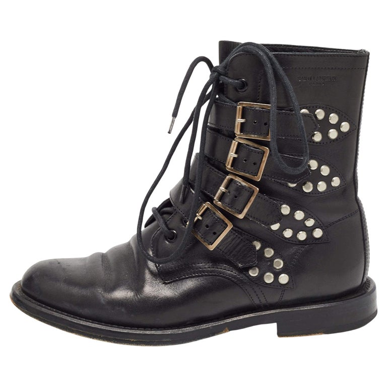 Saint Laurent Black Leather Studded Rangers Boots Size 40.5 For Sale at ...
