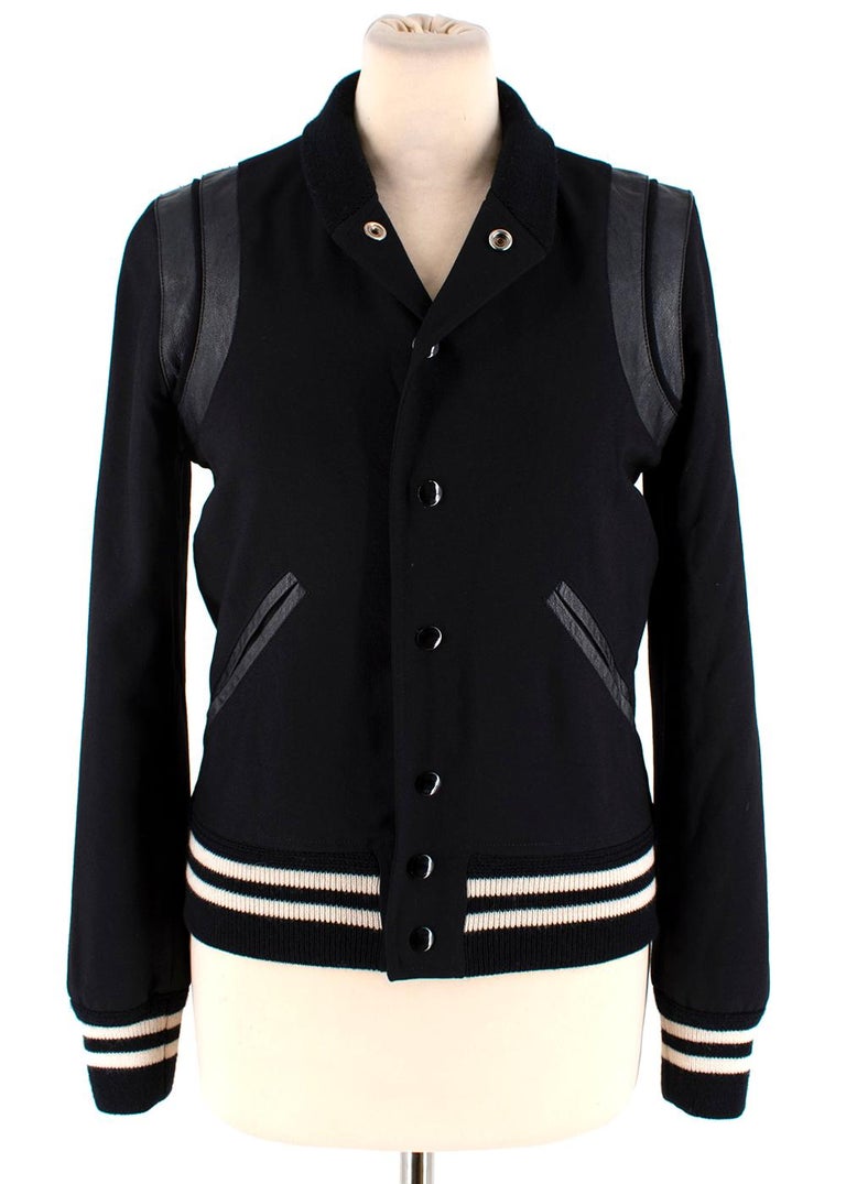 Saint Laurent Black Leather Trimmed Teddy Varsity Jacket XXS at 1stDibs ...