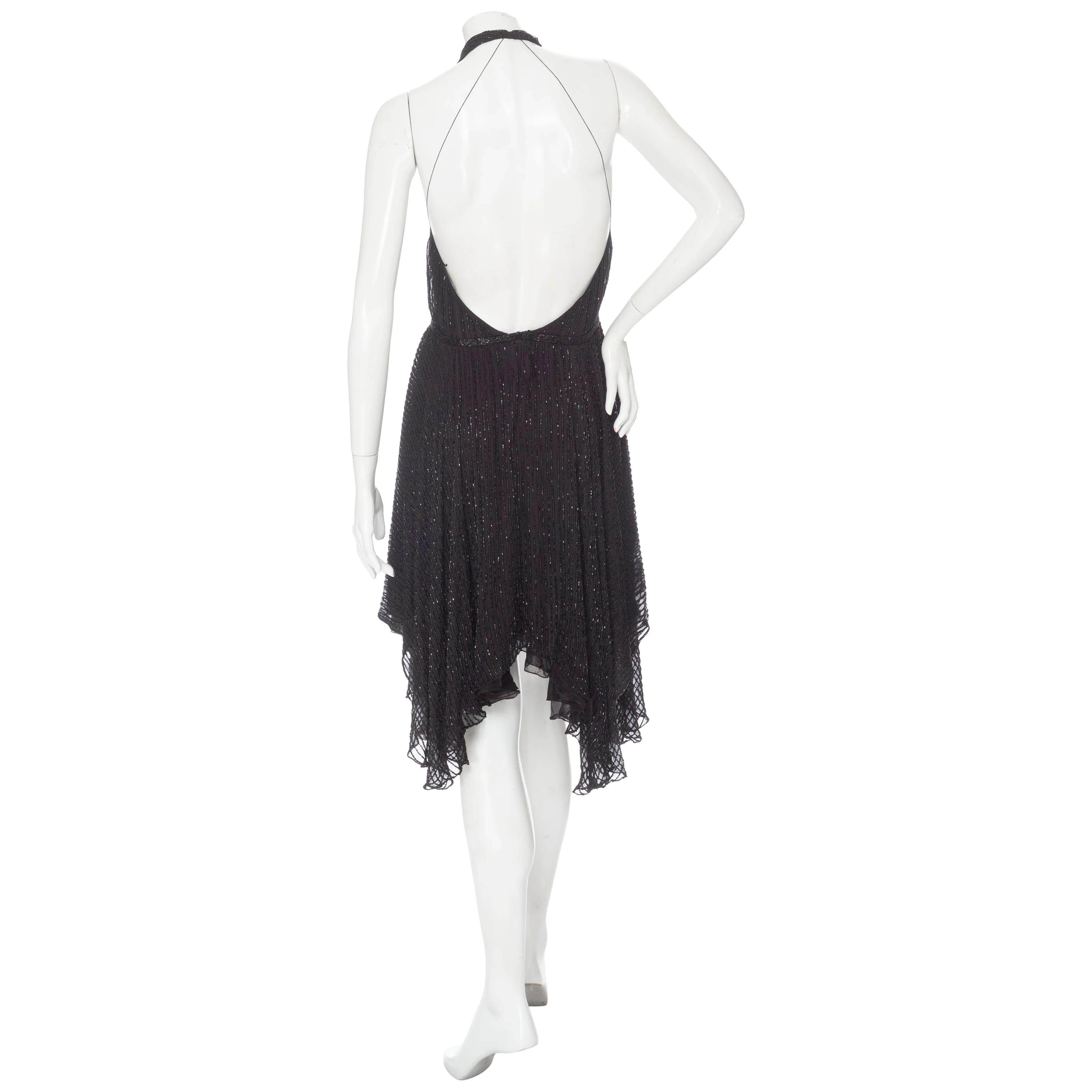 Saint Laurent Black Silk Chiffon Beaded Handkerchief Halter Dress