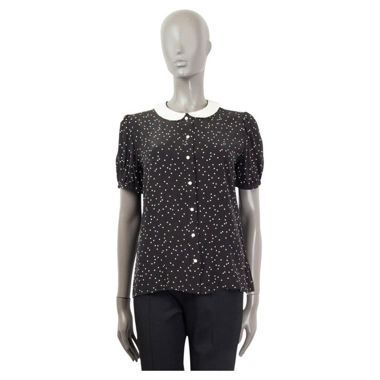 SAINT LAURENT black white silk DOTTED SHORT SLEEVE Blouse Shirt 42 L ...