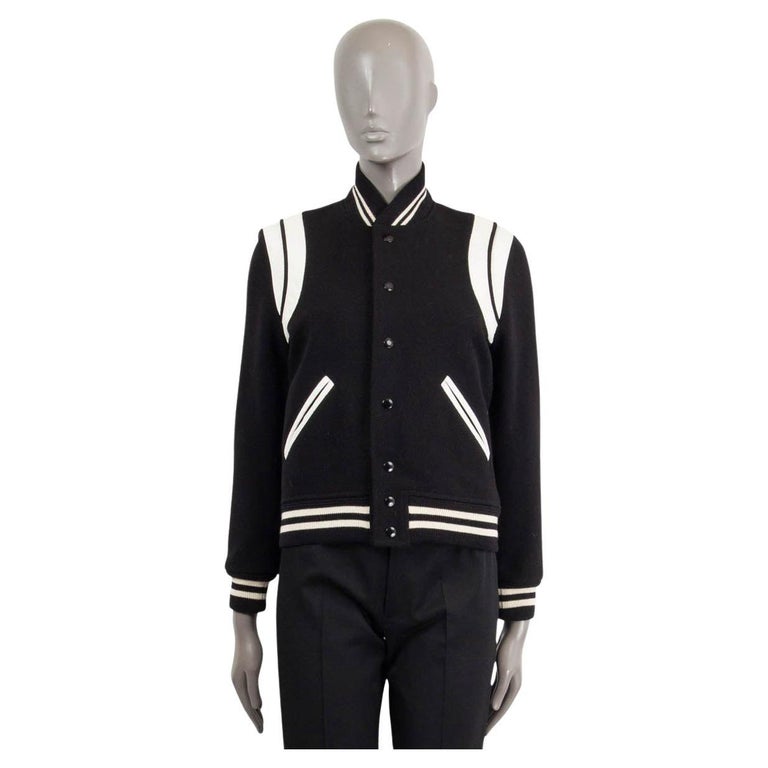 SAINT LAURENT black wool WHITE LEATHER TRIM TEDDY Bomber Jacket 36 XS ...