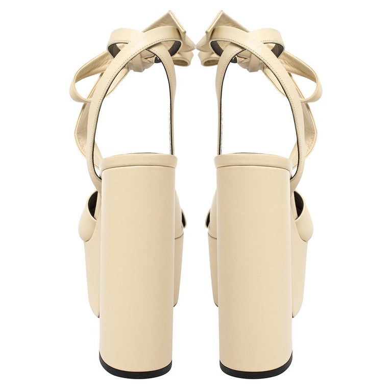 Saint Laurent Cream Leather Bianca Knot Ankle Wrap Platform Sandals ...