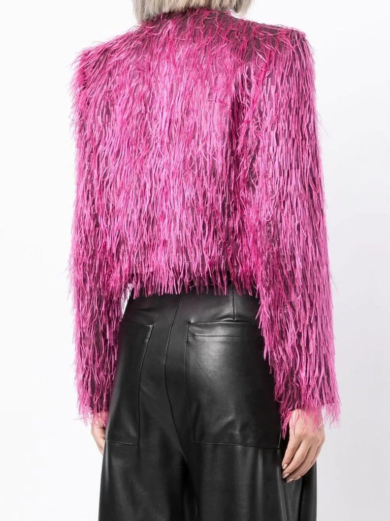 Saint Laurent Fuschia Shaggy Faux Fur Cropped Jacket For Sale at 1stDibs