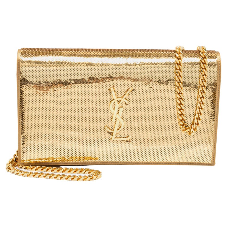Saint Laurent Gold Sequin and Satin Monogram Wallet On Chain at 1stDibs