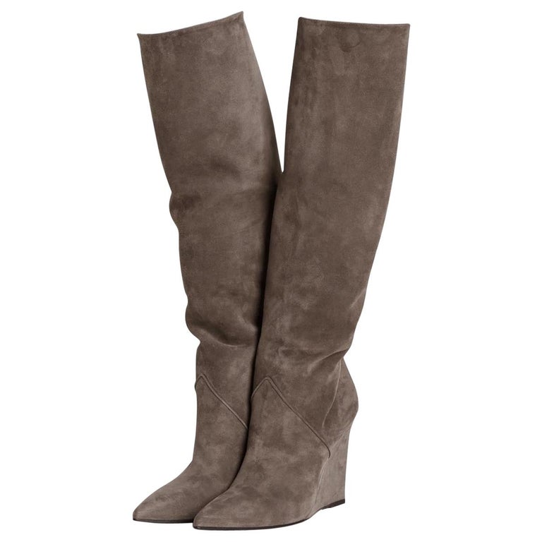 Saint Laurent Grey Suede Wedge Knee Boots 38 at 1stDibs