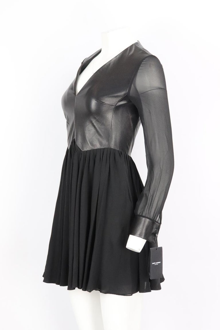 Saint Laurent Leather Paneled Silk Mini Dress Fr 38 Uk 10 For Sale at 1stDibs