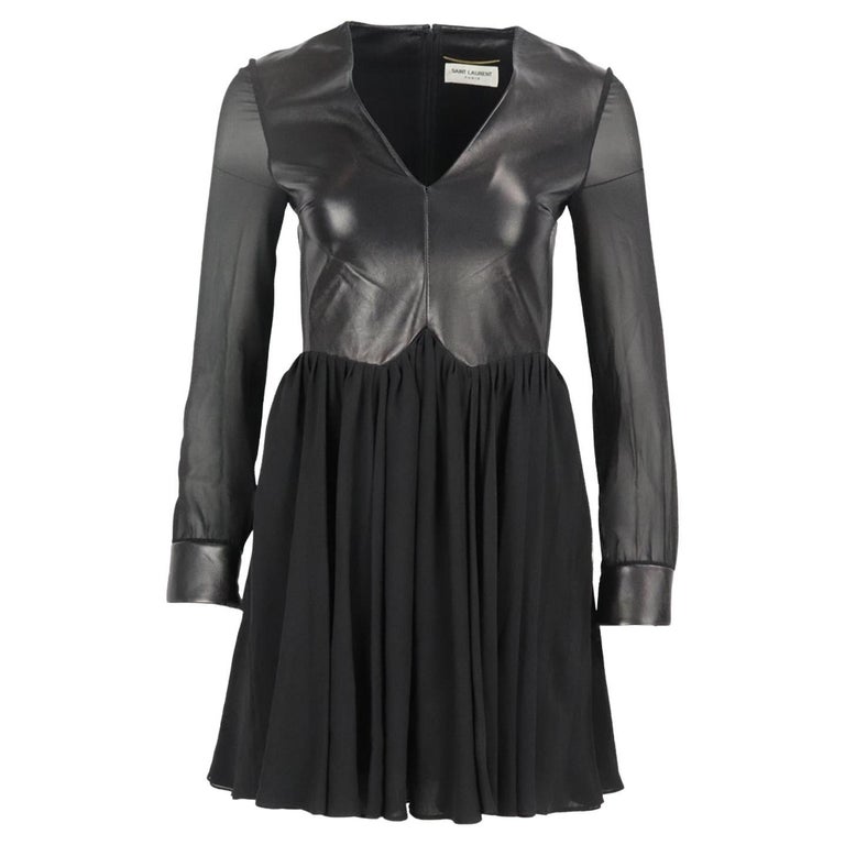 Saint Laurent Leather Paneled Silk Mini Dress Fr 38 Uk 10 For Sale at 1stDibs