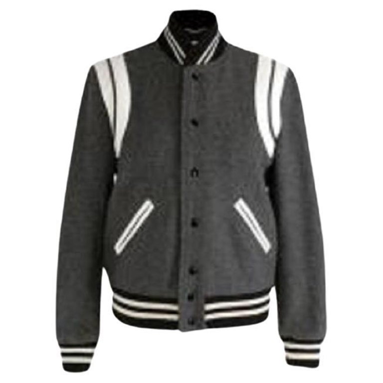 Saint Laurent Leather Trimmed Grey Teddy Jacket For Sale at 1stDibs