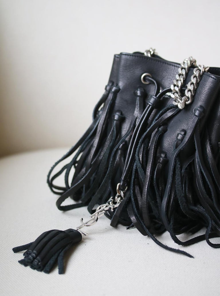 Saint Laurent Monogramme Bourse Mini Fringed Leather Bucket Bag at 1stDibs