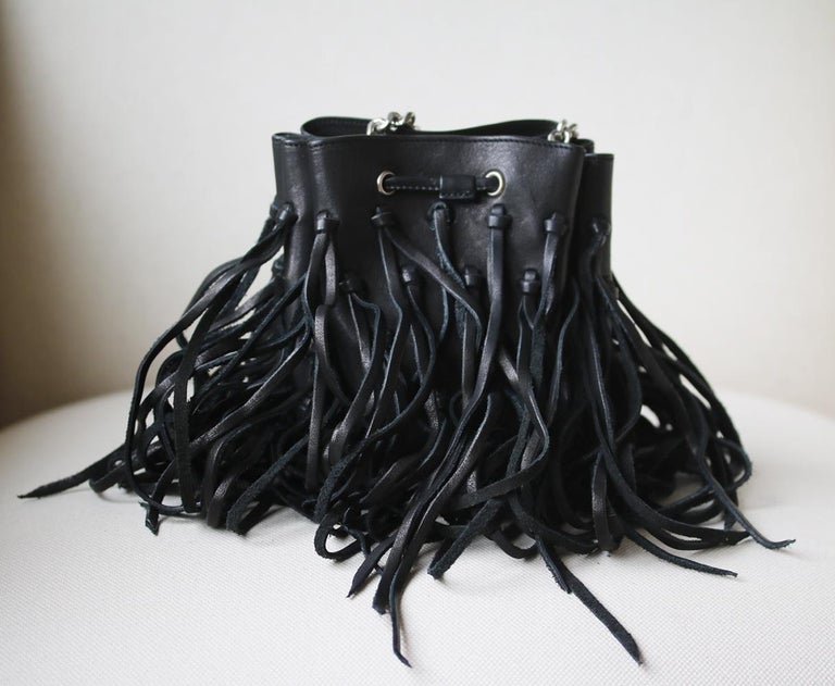 Saint Laurent Monogramme Bourse Mini Fringed Leather Bucket Bag at 1stDibs