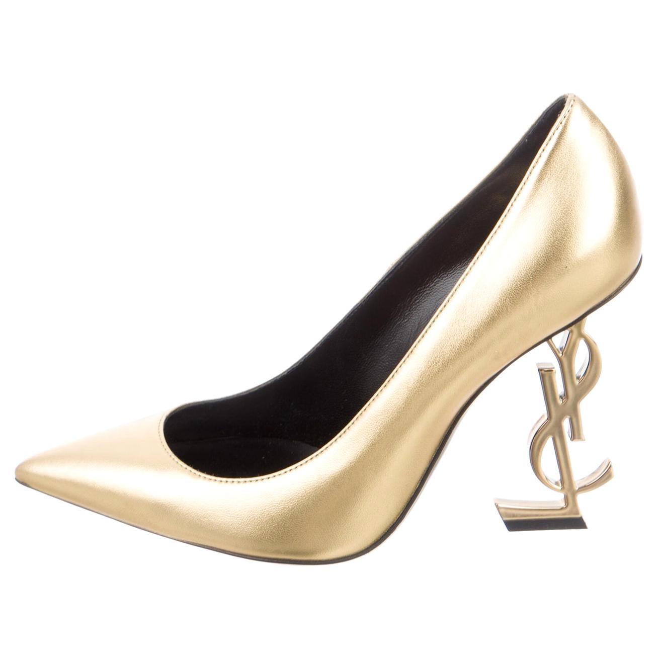 Saint Laurent NEW Gold Leather YSL Logo Evening Sandals Heels Pumps at ...