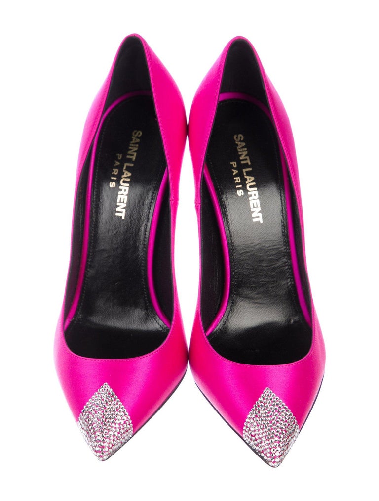 Saint Laurent NEW Hot Pink Fuchsia Satin Crystal Evening Sandals Heels ...