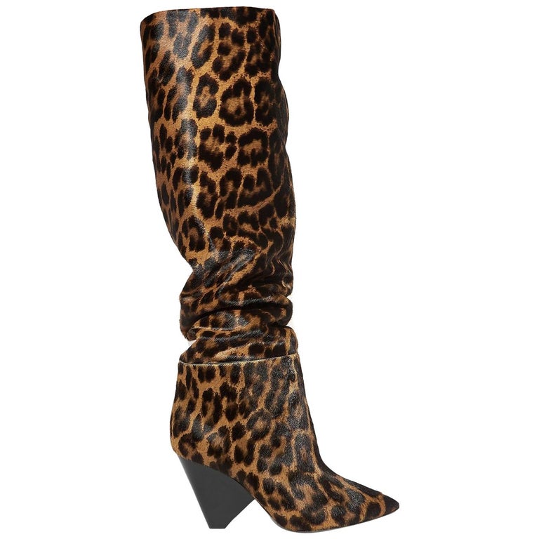 Saint Laurent Niki Leopard Print Calf Hair Knee Boots at 1stDibs