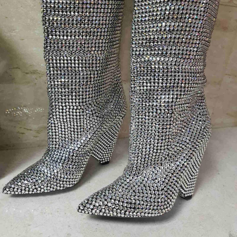 SAINT LAURENT Niki Swarovski Crystal-embellished Leather Knee Boots at ...