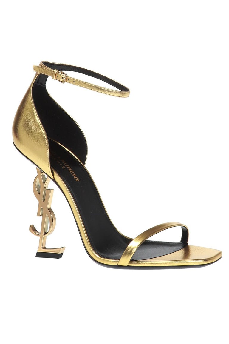 Saint Laurent "Opyum 110" YSL Logo Gold Leather Ankle Strap Sandal Size ...
