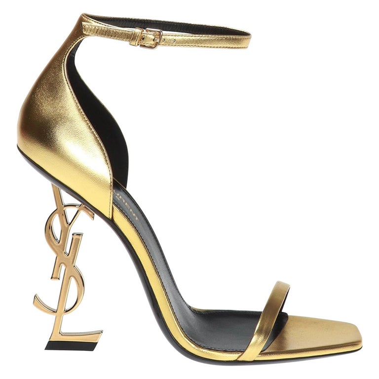 Saint Laurent Opyum 110 Ysl Logo Gold Leather Ankle Strap Sandal Size 365 At 1stdibs Gold