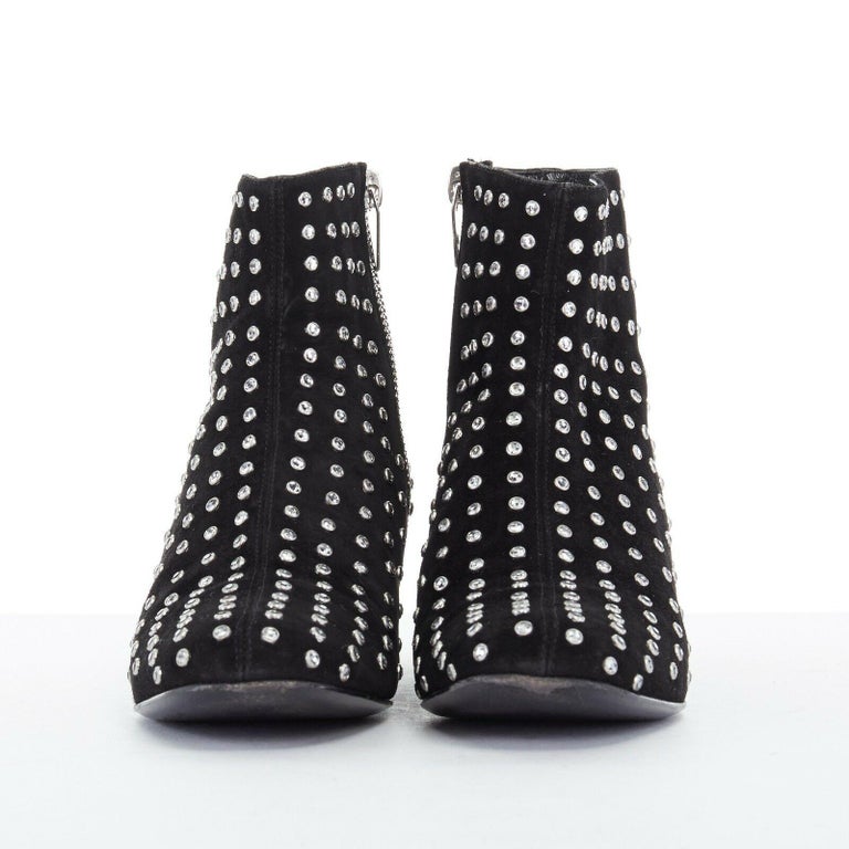 SAINT LAURENT PARIS black suede strass crystal embellished ankle boot ...