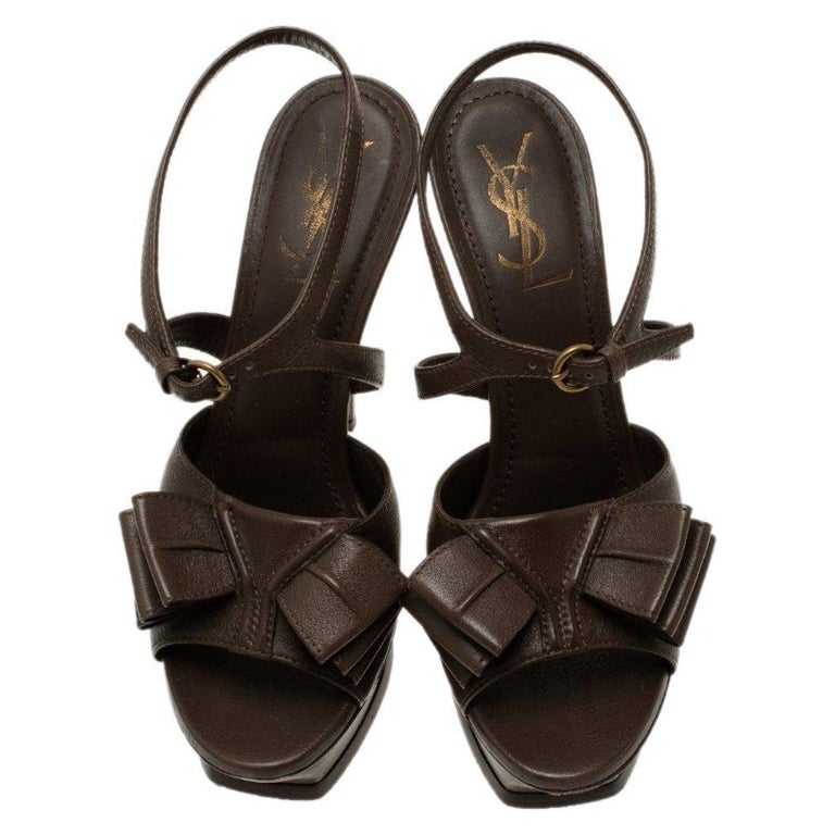 Saint Laurent Paris Brown Leather Y-Bow Platform Sandals Size 38 For ...