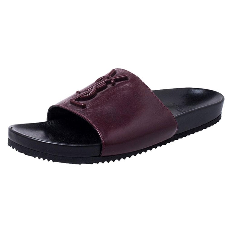 Saint Laurent Paris Burgundy/Black Leather Joan Flat Slides Size 37 For ...