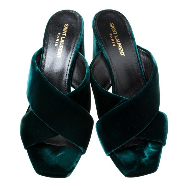 Saint Laurent Paris Emerald Green Velvet Loulou Criss Cross Mules Size ...