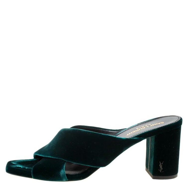 Saint Laurent Paris Emerald Green Velvet Loulou Criss Cross Mules Size ...