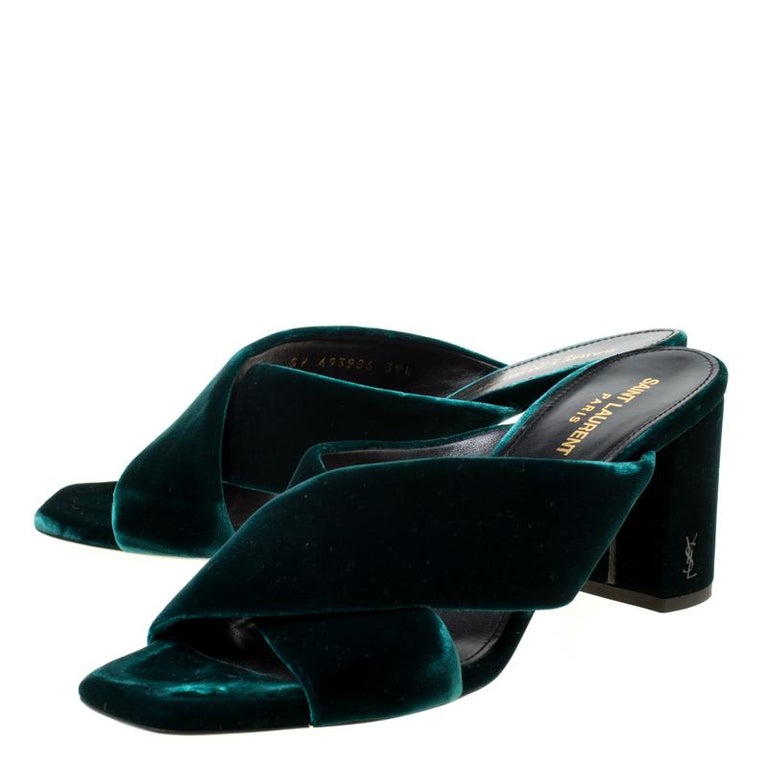 Saint Laurent Paris Emerald Green Velvet Loulou Criss Cross Mules Size ...