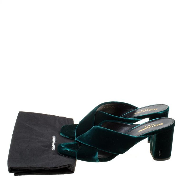 Saint Laurent Paris Emerald Green Velvet Loulou Criss Cross Mules Size ...