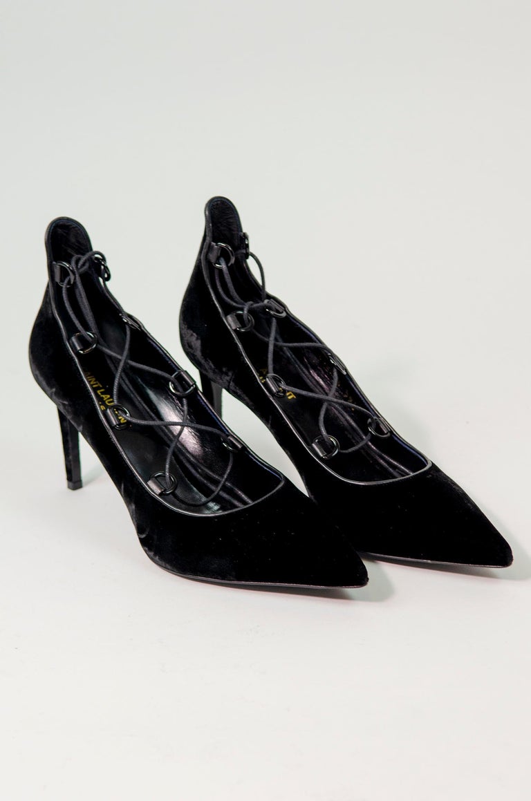 SAINT LAURENT Paris Lace Up Black Velvet Heels For Sale at 1stDibs