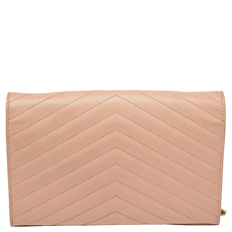 Saint Laurent Pink Matelasse Leather Monogram Envelope Wallet on Chain ...