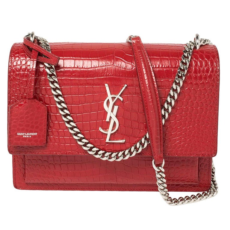 Saint Laurent Red Croc Embossed Leather Medium Sunset Shoulder Bag at ...