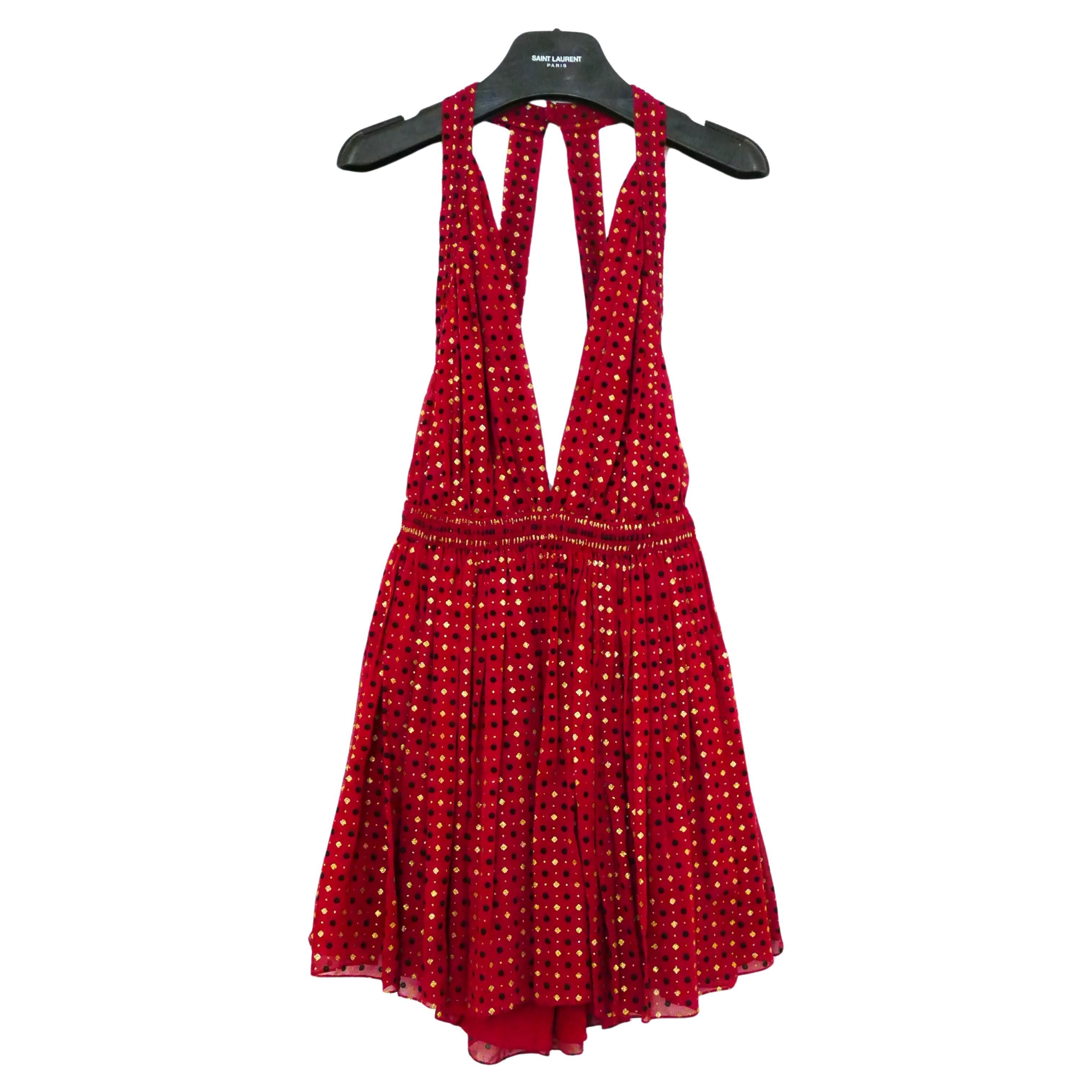 Saint Laurent Red Fil Coupe Polka Dot Silk Halter Swing Mini Dress For ...