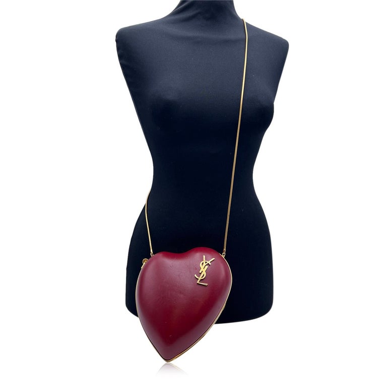 Saint Laurent Red Leather Gold Metal Heart Love Box Bag Clutch For Sale ...