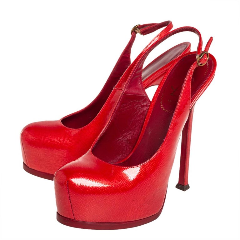 Saint Laurent Red Patent Leather Tribtoo Sandals Size 37.5 at 1stDibs