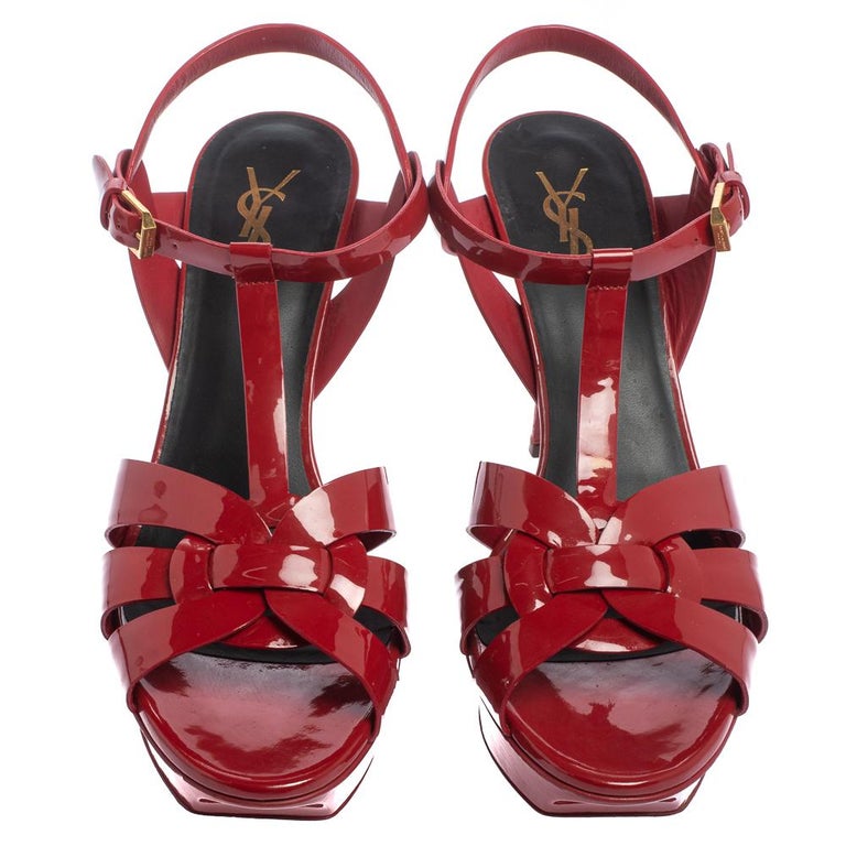 Saint Laurent Red Patent Leather Tribute Platform Ankle Strap Sandals ...