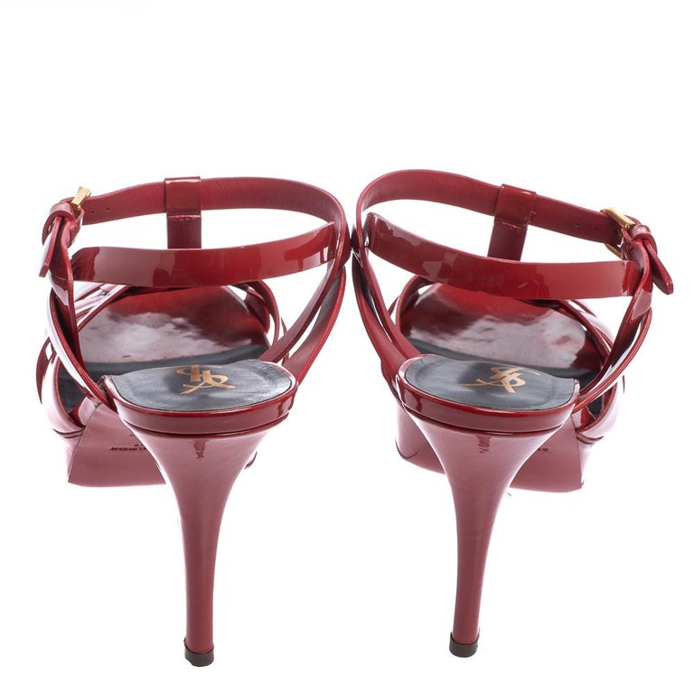 Saint Laurent Red Patent Leather Tribute Platform Ankle Strap Sandals ...