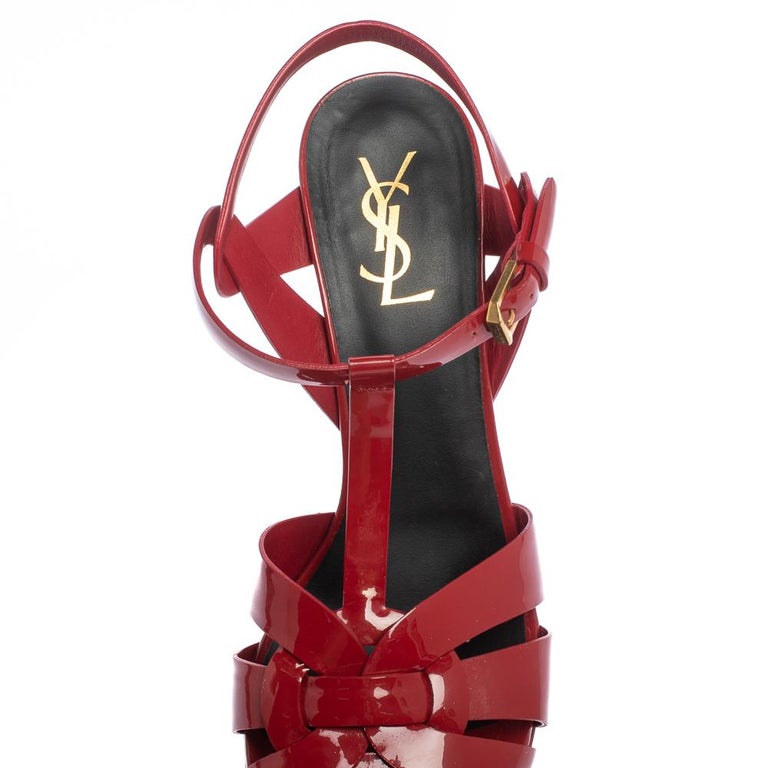 Saint Laurent Red Patent Leather Tribute Platform Ankle Strap Sandals ...