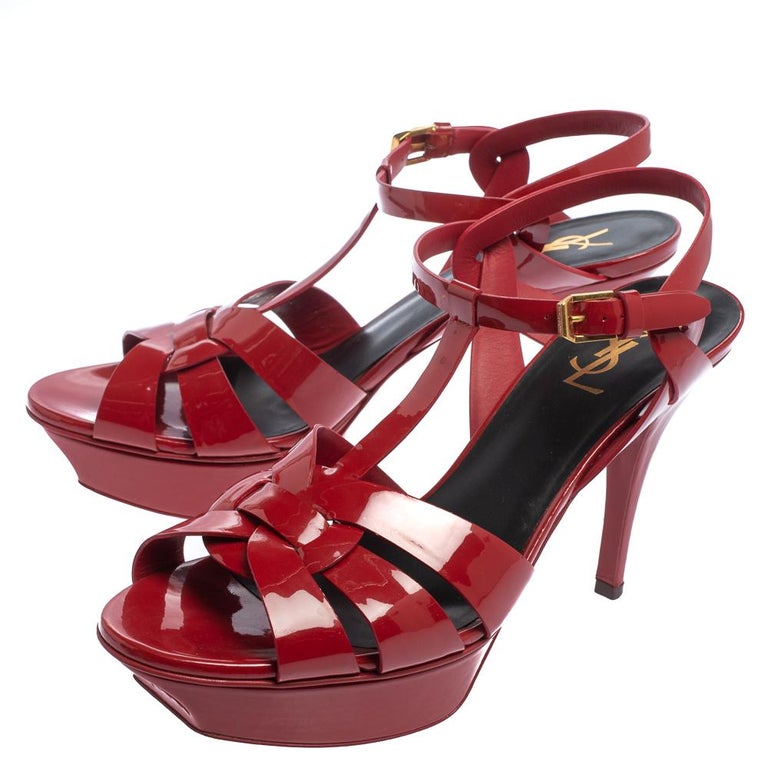 Saint Laurent Red Patent Leather Tribute Platform Ankle Strap Sandals ...