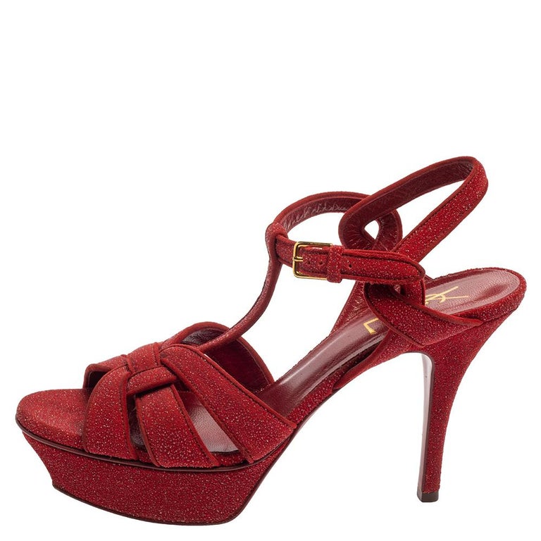 Saint Laurent Red Suede and Glitter Tribute Platform Sandals Size 37 at ...