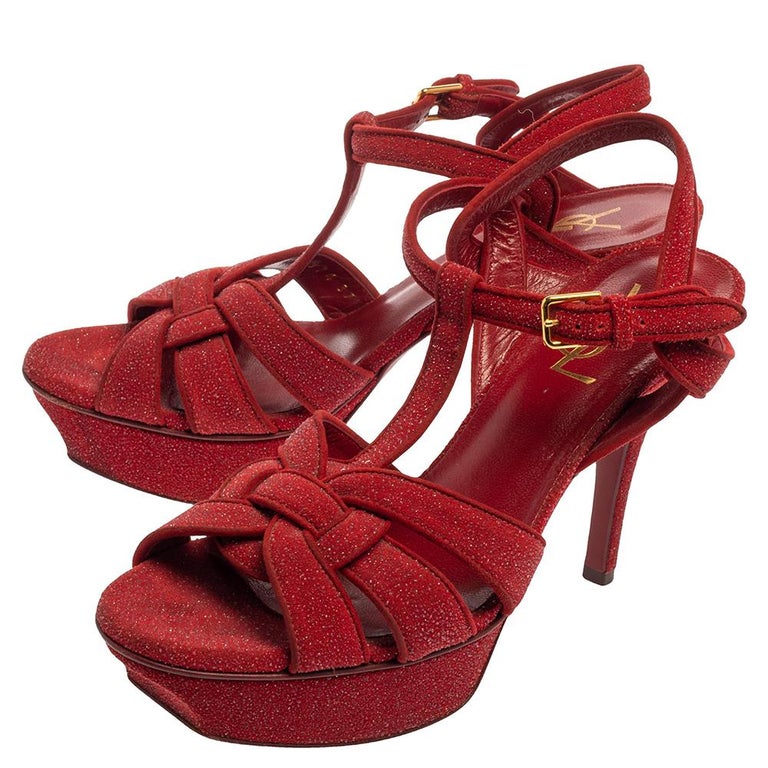 Saint Laurent Red Suede and Glitter Tribute Platform Sandals Size 37 at ...