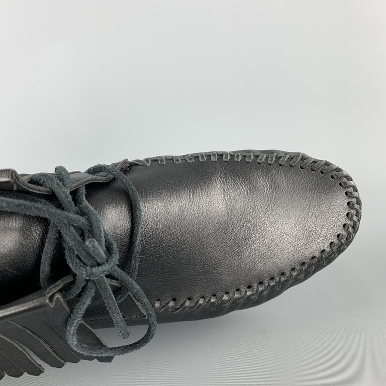SAINT LAURENT Size 12 Black Leather Fringed Moccasin Style Boot ...