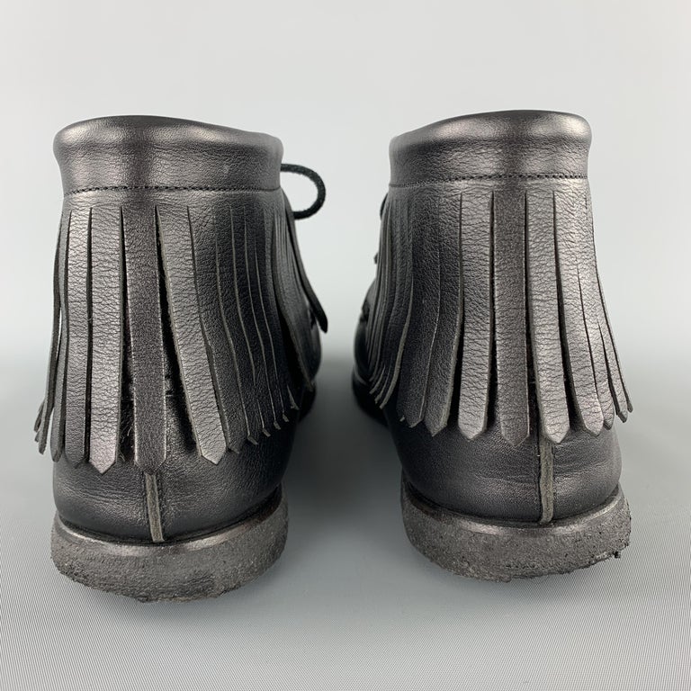 SAINT LAURENT Size 12 Black Leather Fringed Moccasin Style Boot ...