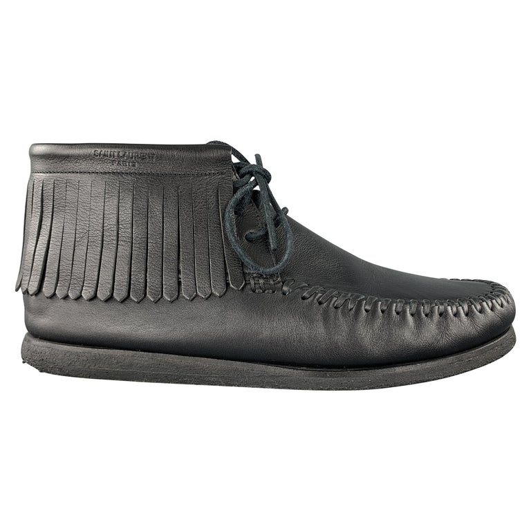 SAINT LAURENT Size 12 Black Leather Fringed Moccasin Style Boot ...