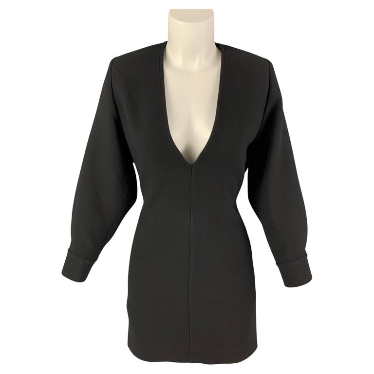 SAINT LAURENT Size 2 Black Wool Double Crepe V-neck Mini Dress For Sale ...
