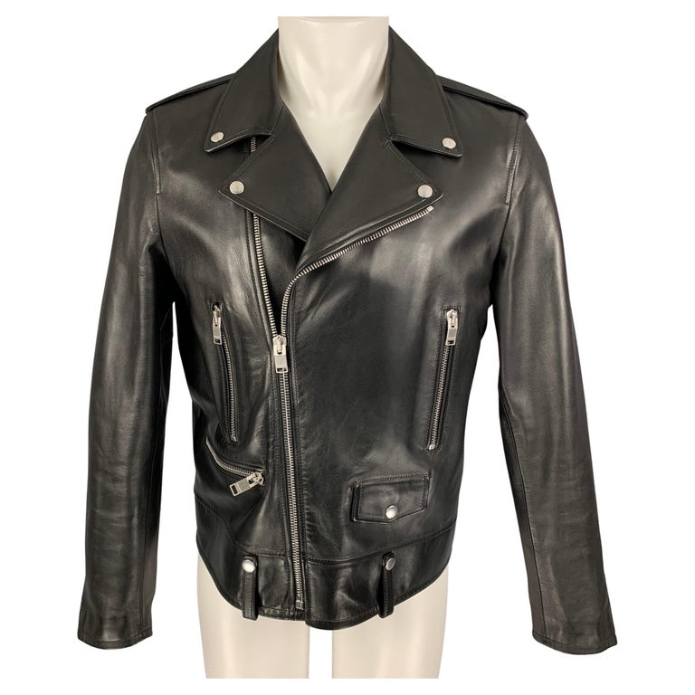 SAINT LAURENT Size 46 Black Leather Motorbike Jacket For Sale at 1stDibs