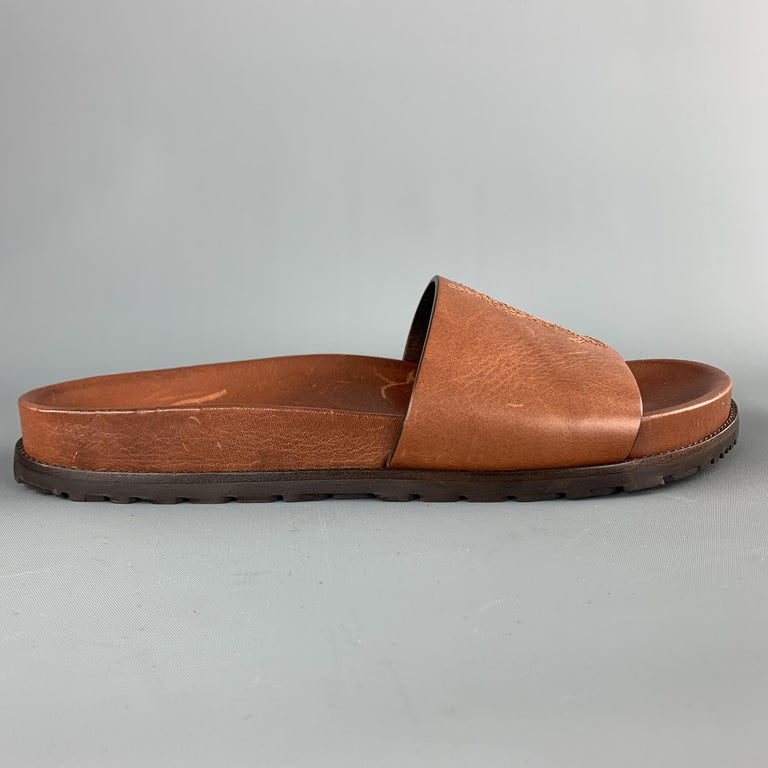 SAINT LAURENT Size 8 Cognac Tan Leather YSL Logo Slide Sandals at ...